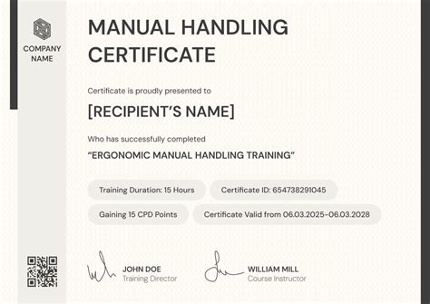 Professional And Minimal Manual Handling Certificate Template