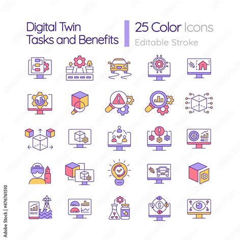 Digital Twin Tasks And Benefits Rgb Color Icons Set Product Development Isolated Vector