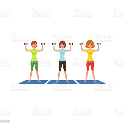 3 피트 니스 아령과 여성 운동입니다 체육관에서 귀여운 젊은 여자 활동적인 생활양식입니다 스포츠에 있는 만화 사람들 신체 활동입니다 평면 벡터 디자인 T 셔츠에 대한 스톡