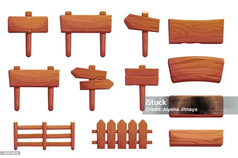 나무 정제 세트 질감 패널 로프 포인터가 있는 간판 흰색 배경에 격리된 만화 스타일의 못이 있는 울타리 소박한 보드 널빤지 Ui 게임 자산 벡터 그림 목재 재료에 대한 스톡