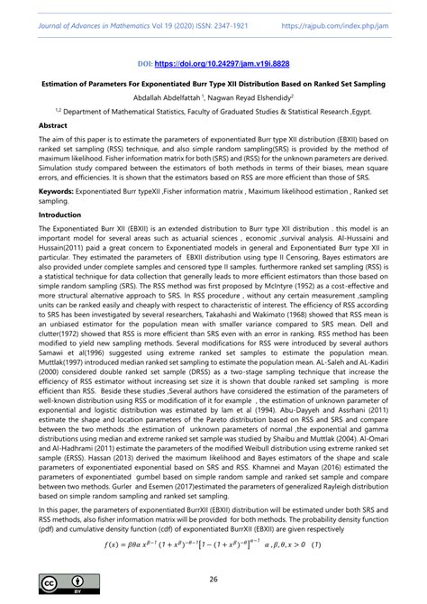 Pdf An Estimation Of Parameters For Exponentiated Burr Type Xii Distribution Based On Ranked