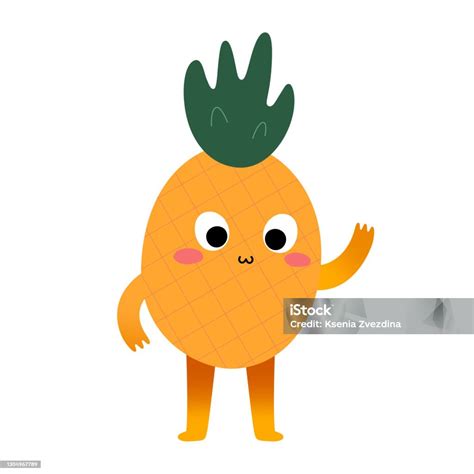 귀여운 파인애플 캐릭터 달콤한 열대 과일 귀여운 얼굴 표정으로 재미있는 만화 마스코트 안녕하세요 흔들며 흰색에 고립 된 벡터