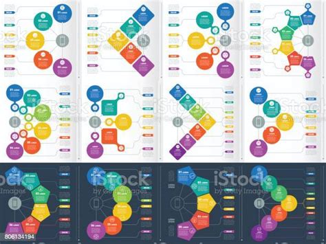 비즈니스 프레 젠 테이 션 개념 옵션의 집합입니다 Infographic 기술 또는 교육 과정의 벡터 정보 Mindmap 차트나 다이어그램의 웹 템플릿 아이콘 집합을 사용 하