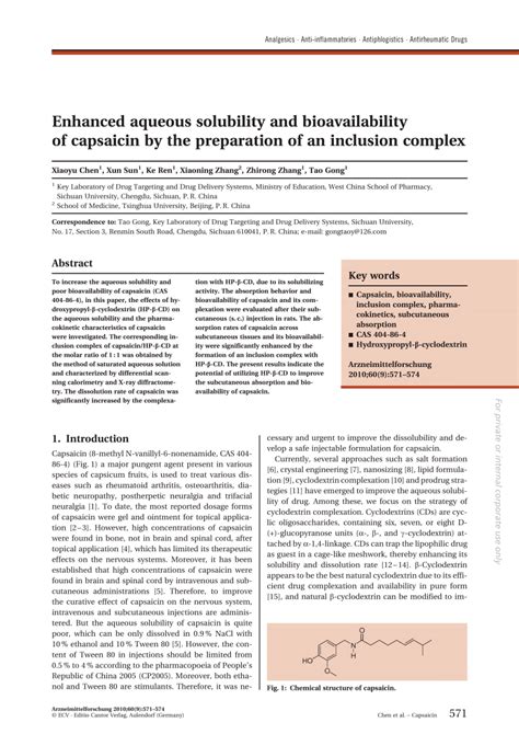 Pdf Enhanced Aqueous Solubility And Bioavailability Of Capsaicin By The Preparation Of An
