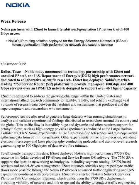 Withings Nokia Partners With Esnet To Launch Terabit Next Generation Ip Network With 400 Gbps