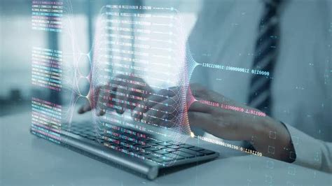 Programming Language Hologram With Coder Hands Typing On Computer