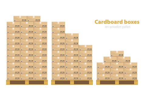 나무 팔레트에 골판지 상자 픽토그램 바코드 및 텍스트 스티커가있는 저장 및화물을위한 판지 소포 갈색에 대한 스톡 벡터 아트 및 기타 이미지 Istock