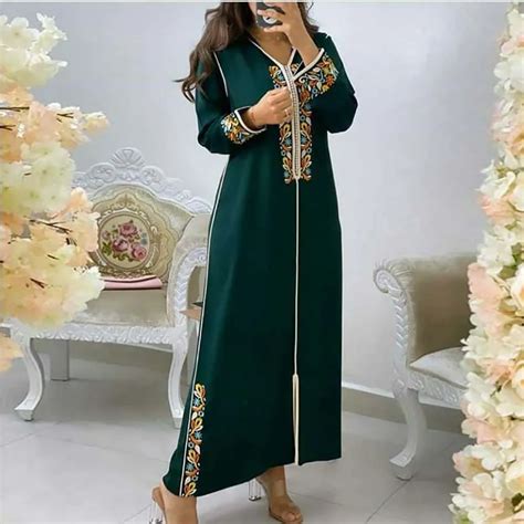 Kaftan 드레스 여성 녹색 두바이 아바야 자수 우아한 긴 소매 가운 이슬람 이슬람 터키 Jellaba 모로코 긴 드레스