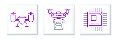 미세 회로 Cpu 드론 비행 액션 카메라 및 배달 개념 아이콘으로 라인 프로세서를 설정합니다 벡터 Cpu에 대한 스톡 벡터 아트