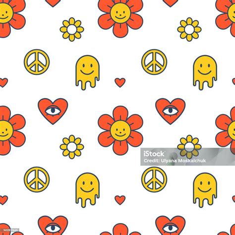 벡터 그루비 이음새가 없는 패턴 노란색과 빨간색의 여름 패턴 레트로 인쇄 꽃과 이모티콘 마음과 평화의 표징 미소에 대한 스톡 벡터 아트 및 기타 이미지 Istock