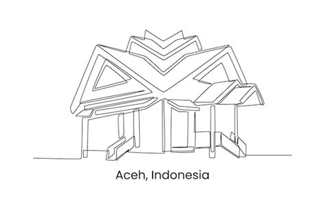 인도네시아 전통 가옥 개념의 단일 선 그리기 Aceh 집 연속 선 그리기 디자인 그래픽 벡터 일러스트 레이 션 프리미엄 벡터