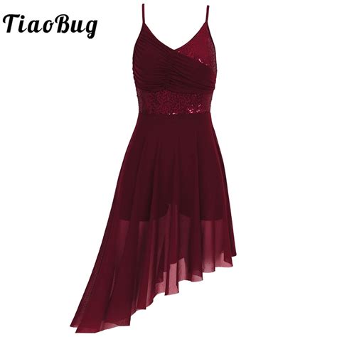 Lyrical Dance Dress Women Sleeveless Asymmetrical Chiffon Sequin Dance