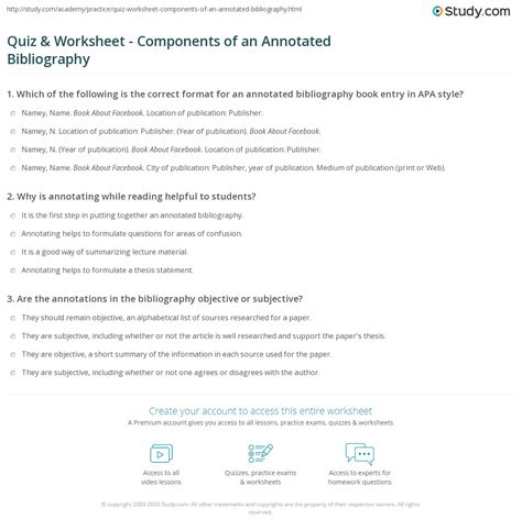 Quiz And Worksheet Components Of An Annotated Bibliography