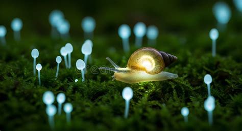 Glowing Snail And Bioluminescent Fungi On Lush Green Mossy Forest Floor