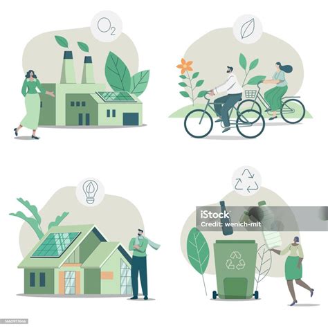환경 친화적 인 지속 가능한 환경 보전 공장 사람들은 자전거를 타고 현대 생태 집과 태양 전지 패널을 선택합니다 사람들에 대한 스톡 벡터 아트 및 기타 이미지 Istock