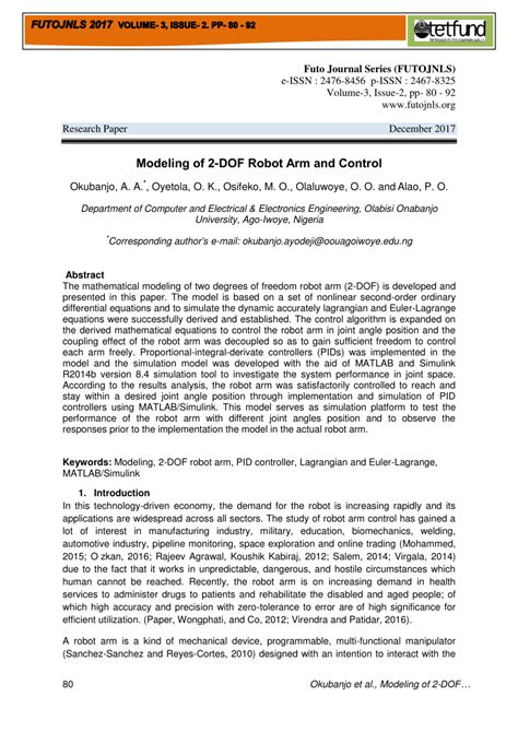 Pdf Modeling Of 2 Dof Robot Arm And Control