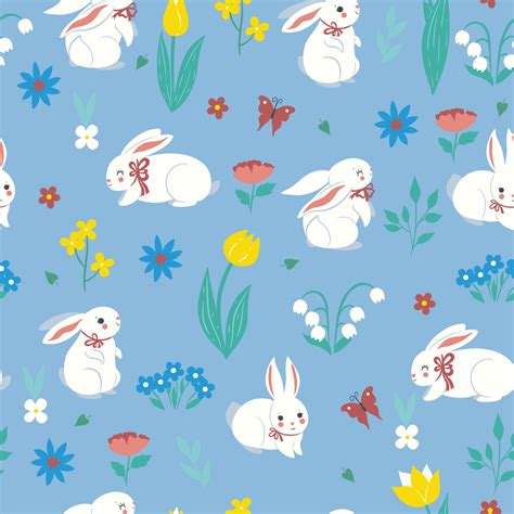 Seamless Pattern With Cute Spring Rabbits And Flowers Vector Graphics 9433393 Vector Art At