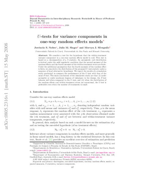 Pdf U Tests For Variance Components In One Way Random Effects Models