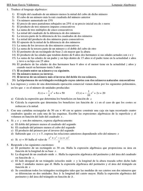 01 Lenguaje Algebraico Ejercicios Completos Pdf Triángulo Rectángulo