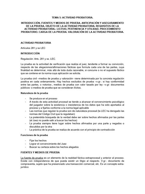 Tema 5 Actividad Probatoria Pdf Evidencia Ley Ley Procesal