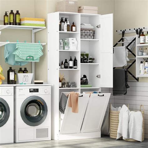 Sleek White Laundry Bathroom Cabinet With Rotating Drawers Laundry