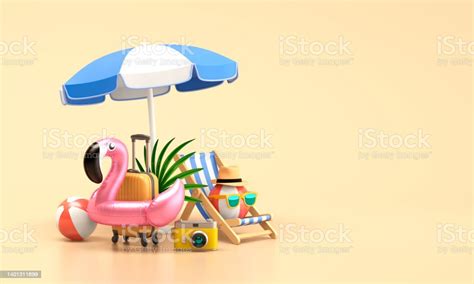 플라밍고 플로트 우산 카메라 선글라스 및 비치 의자의 비치 볼이있는 여름 개념 여름에 대한 스톡 사진 및 기타 이미지 여름 3차원 형태 휴가 Istock