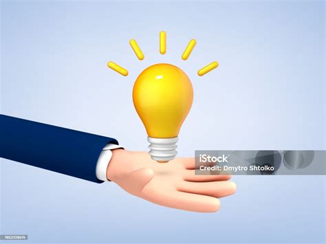 3d 만화 손은 파란색 배경에 고립 된 전구를 들고 있습니다 생각 좋은 아이디어 및 사업 성공 창조적 인 개념 벡터 일러스트 레이 션 3차원 형태에 대한 스톡 벡터 아트 및