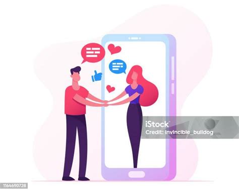 웹 데이트 인간 관계 개념 인터넷에서 만나는 젊은 이들이 남자 들고 여자 손 나가는 거대한 스마트 폰 화면 문자 통신 우정 만화 플랫 벡터 일러스트 개념에 대한 스톡 벡터