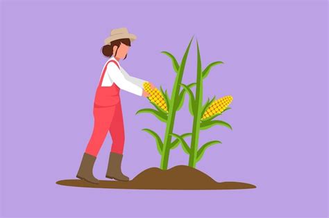 캐릭터 플랫 그리기 젊은 여성 농부 나무에 옥수수 따기 전문 농부 농업 도전 천연 야채 수확 농업 활동 만화 디자인 벡터 일러스트 레이션 프리미엄 벡터