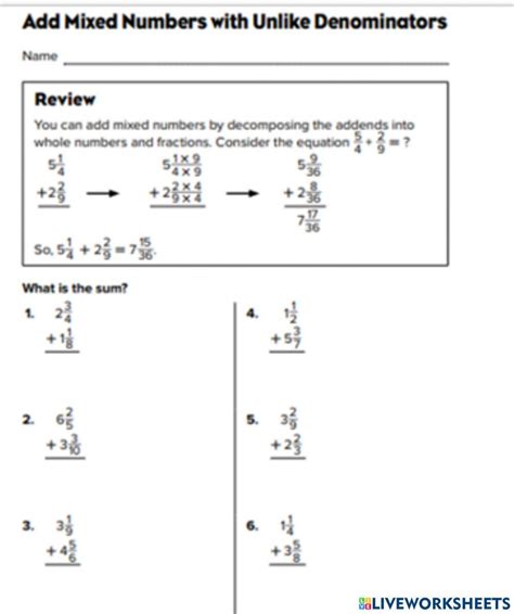 Adding Mixed Numbers Activity Live Worksheets