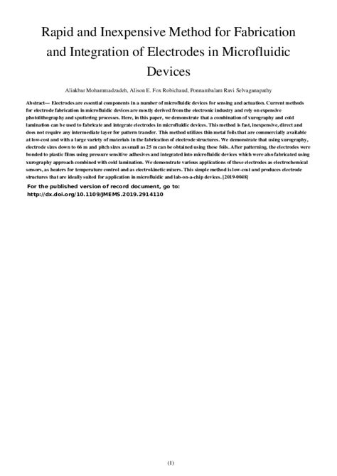 Pdf Rapid And Inexpensive Method For Fabrication And Integration Of Electrodes In Microfluidic