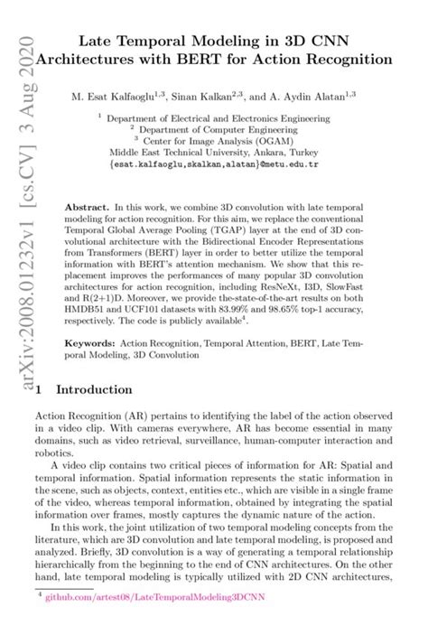 Late Temporal Modeling In 3d Cnn Architectures With Bert For Action Recognition Deepai