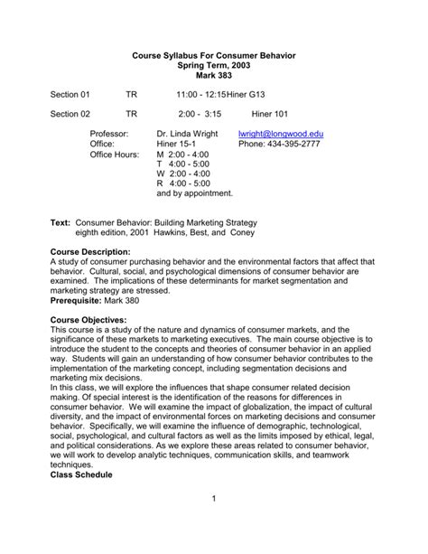 Consumer Behavior Course Syllabus Spring 2003