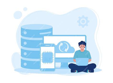 Premium Vector Man Backups Data In Cloud Concept Flat Illustration