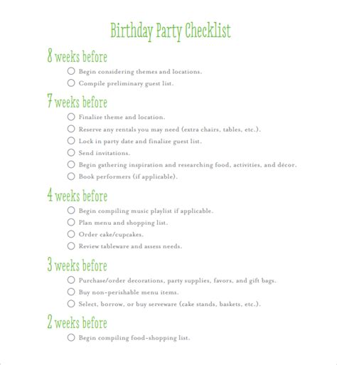 Free 7 Sample Birthday Party Checklist Templates In Pdf