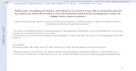 Molecular Profiling Of Matrix Coated And Native Tissue Sections By Uv And Ir Maldi O Tof Ms