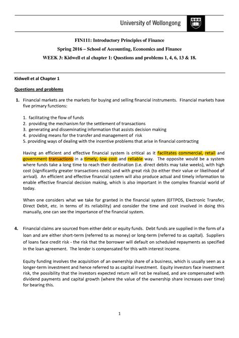 FIN111 Tutorial Solution Week 3 1 FIN111 Introductory Principles Of