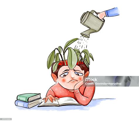 새로운 아이디어 성장 마인드셋 또는 지식 전달 개념 학생 묘목에 물을 주는 교사 머리의 쾌활한 남자를 돕고 성공을 달성하기 위해 새로운 기술이나 지혜 영감 또는 조언을