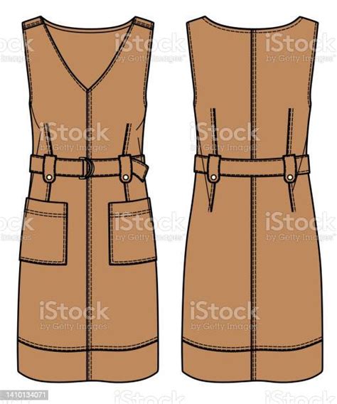 벡터 여름 V 넥 드레스 패션 Cad 벨트와 포켓 기술 도면 템플릿 플랫 스케치와 여성 미니 드레스 저지 또는 짠 직물 드레스 전면 후면보기 흰색 0명에 대한 스톡 벡터