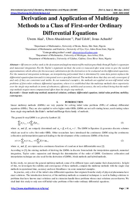 Pdf Derivation And Application Of Multistep Methods To A Class Of First Order Ordinary