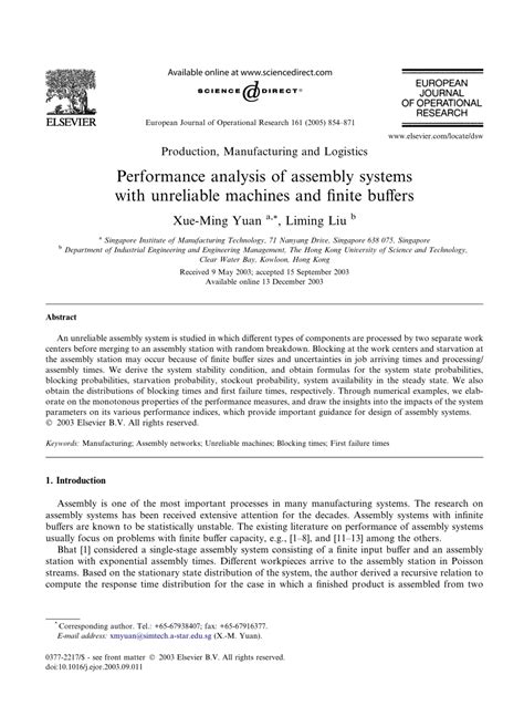 Pdf Performance Analysis Of Assembly Systems With Unreliable Machines And Finite Buffers