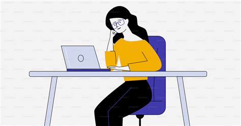 노트북을 가지고 일하는 여자 컴퓨터를 사용하는 사무원 책상에 앉아 있는 직원 커뮤니케이션 배너 웹사이트 디자인 또는