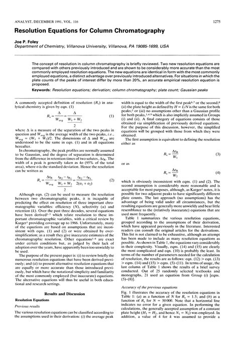 Pdf Resolution Equations For Column Chromatography