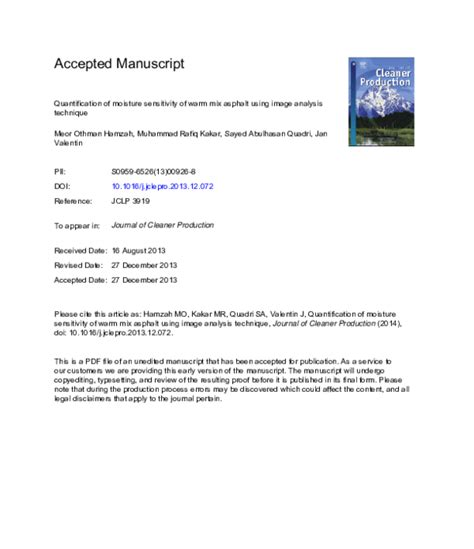 Pdf Quantification Of Moisture Sensitivity Of Warm Mix Asphalt Using Image Analysis Technique