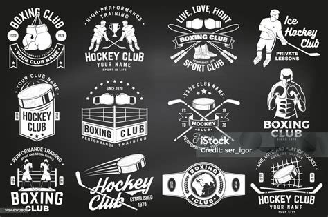 권투 클럽과 아이스 하키 클럽 배지 세트 칠판에 로고 디자인 벡터 스티커 하키 선수 스티커 퍽 헬멧 스케이트 권투 선수 장갑 권투 줄넘기 및 신발 실루엣 패치 권투 스포츠에