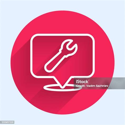 긴 그림자로 격리 된 렌치 스패너 아이콘흰색 선 위치 조정 서비스 설정 유지 보수 수리 고정 빨간색 원 버튼입니다 벡터 일러스트레이션 공구상자에 대한 스톡 벡터 아트 및