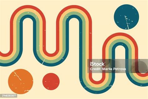 추상적인 복고풍 빈티지 배경입니다 뒤틀린 물결 모양의 무지개와 원 그런 지 질감입니다 벡터 일러스트 레이 션 가리기에 대한 스톡