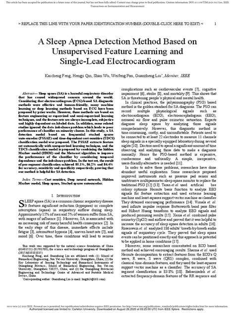 Tim 2020 A Sleep Apnea Detection Method Based On Unsupervised Feature Learning And Single Lead