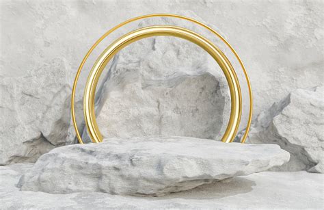 제품 프리젠 테이션을위한 회색 돌 연단과 돌 벽 배경 고급 스타일에 황금 아치 3d 모델과 일러스트 0명에 대한 스톡 사진 및 기타 이미지 Istock