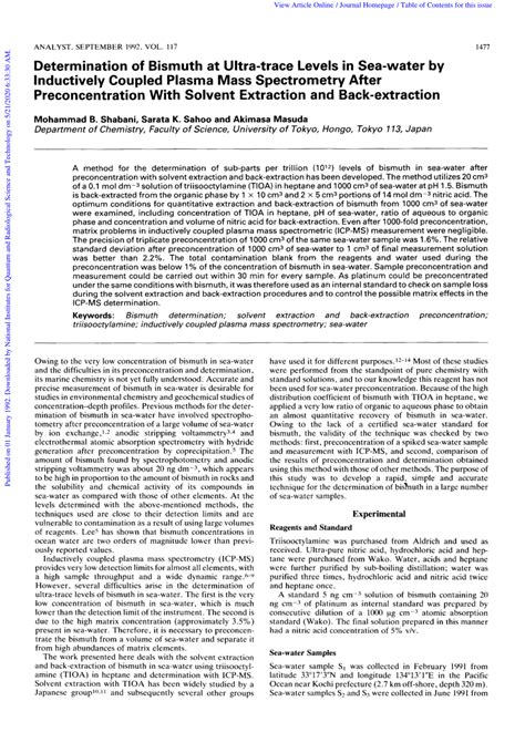 Pdf Determination Of Bismuth At Ultratrace Levels In Seawater By Inductively Coupled Plasma